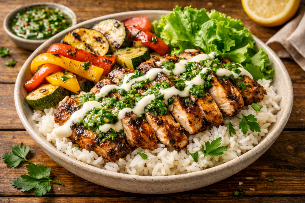 Juicy Chimichurri Grilled Chicken Bowl with Garlic Sauce - Make Me Eat ...